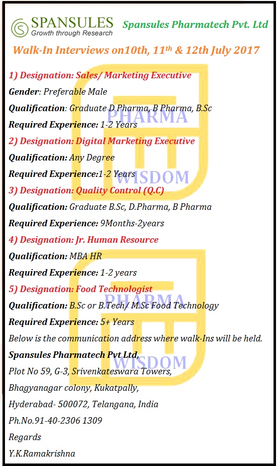 PHARMA WISDOM: Spansules Pharmatech Pvt. Ltd - Walk-In Interview for ...