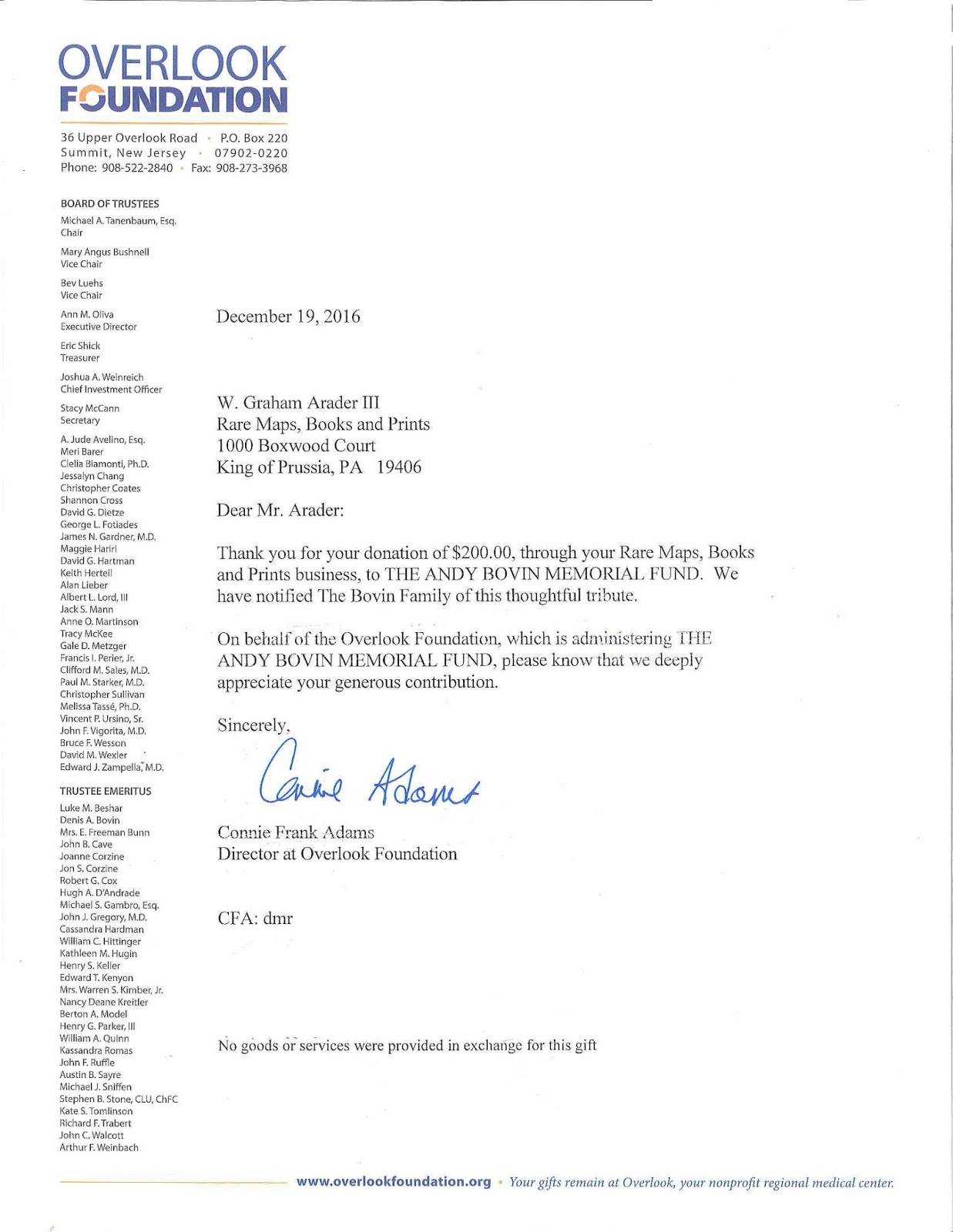 Thank You Letter From The Overlook Foundation