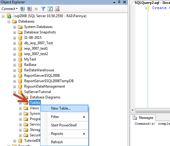 Microsoft Sql Server: Create Table