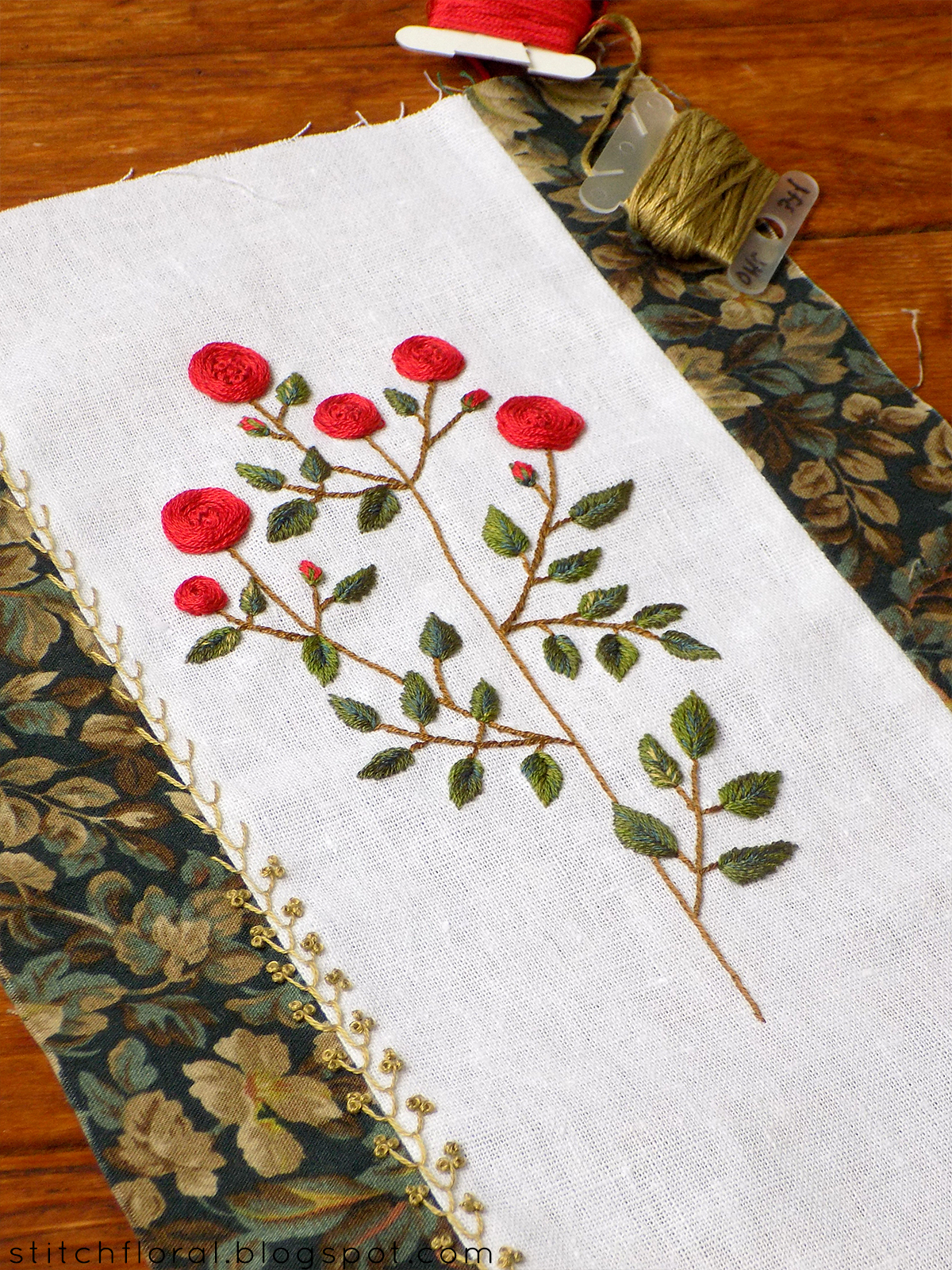 Stitching practice: red roses branch - Stitch Floral