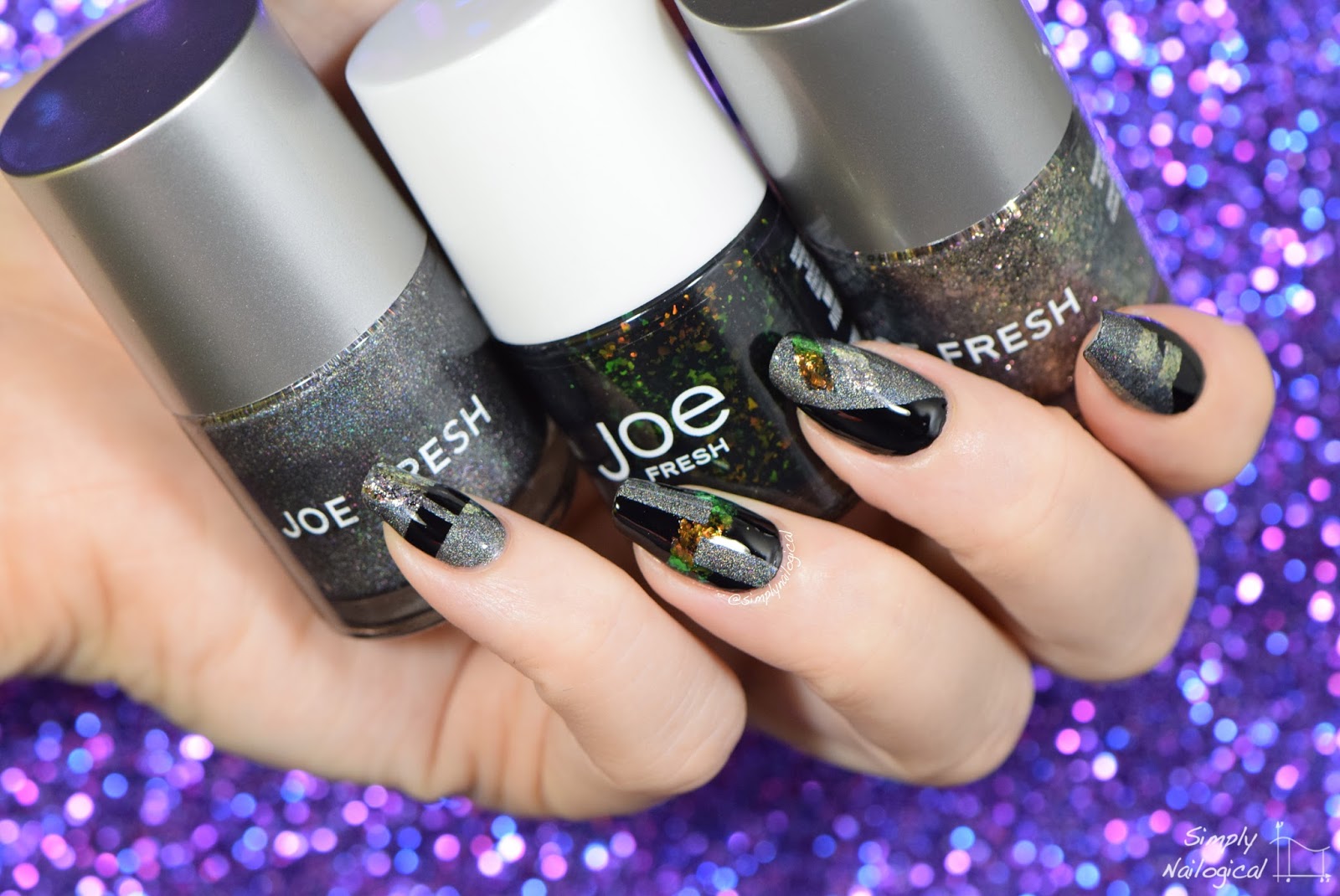 Simply Nailogical: Badass black, holo and flakie colour-block triplet nails