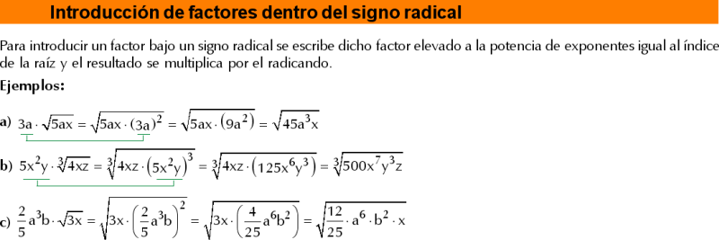 INTRODUCCION DE FACTORES EN UN RADICAL EJEMPLOS Y EJERCICIOS RESUELTOS