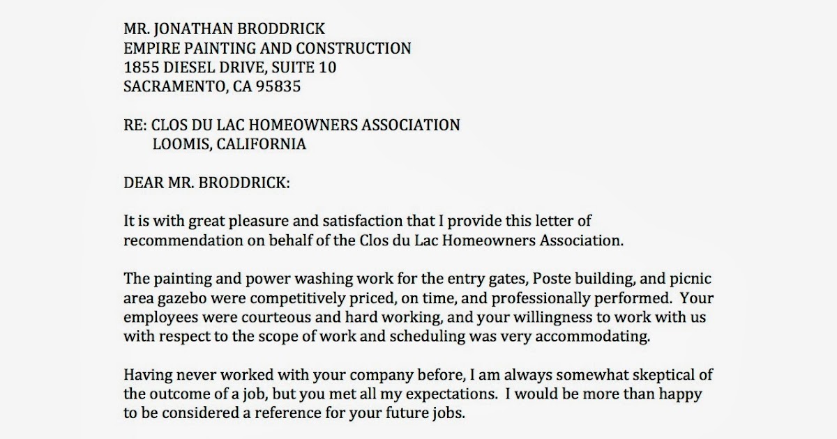 EmpireWorks Reviews and Resources: Clos du Lac HOA Reference Letter