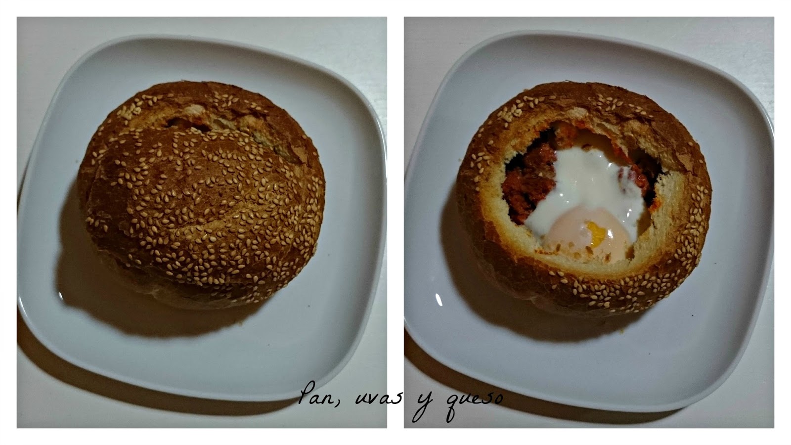 Pan relleno (de huevo y picadillo de chorizo) - Pan, uvas y queso