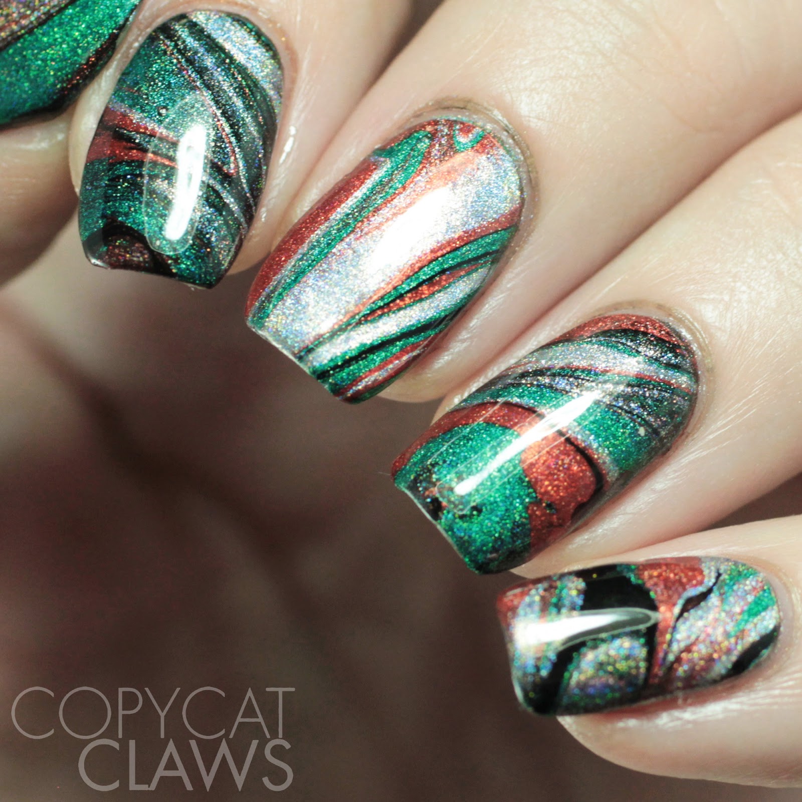 Copycat Claws: The Digit-al Dozen does Holo - Christmas Drip Marble Nails