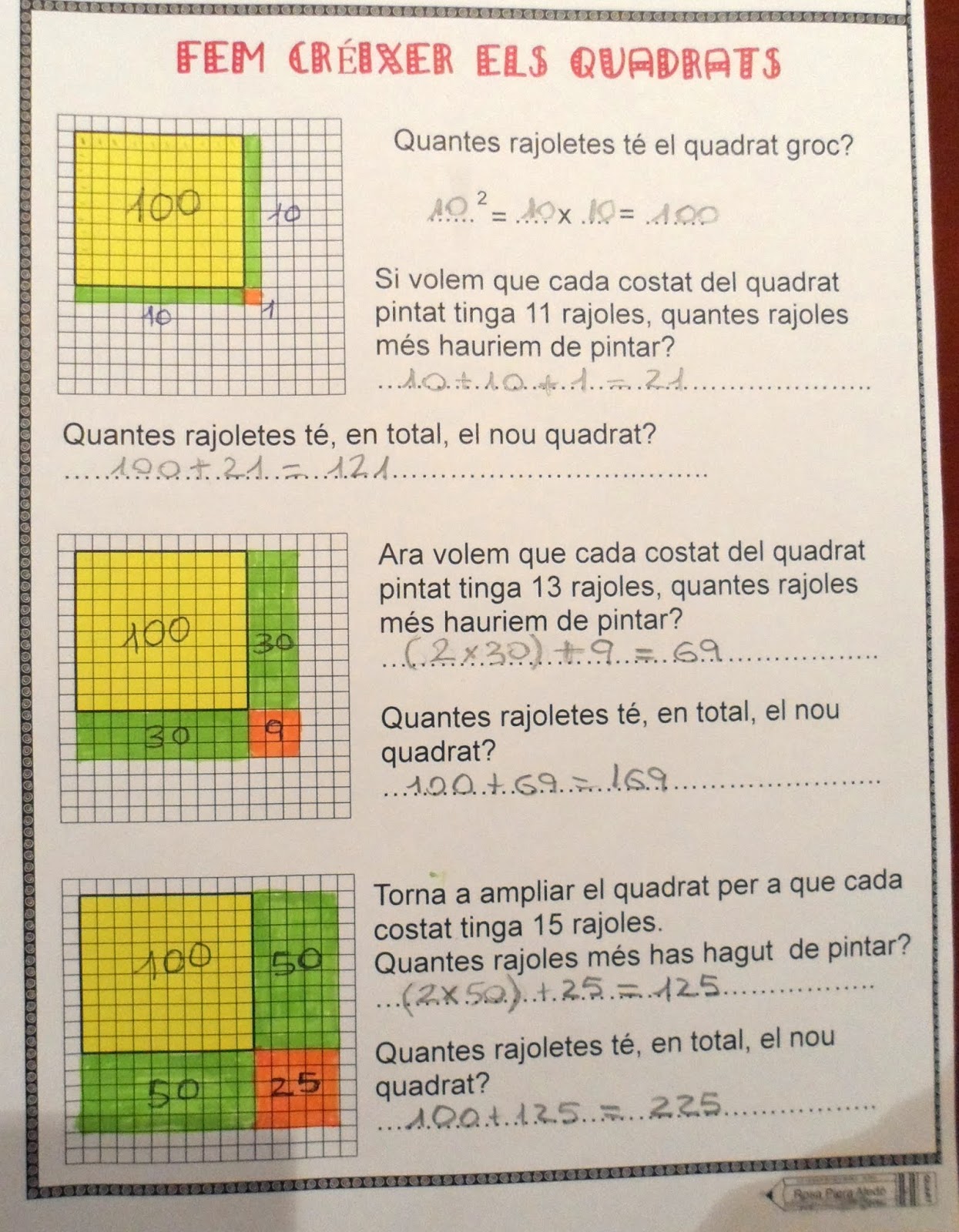 EXPLORADORS DE PRIMER: Càlcul de quadrats - Procés d'aprenentatge