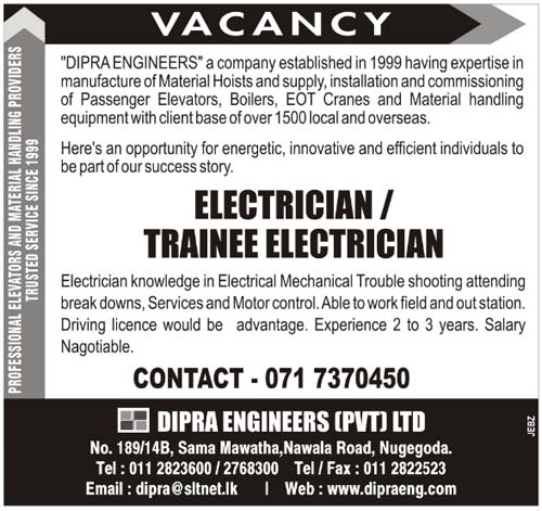 Vacancies for Electrician / Trainee Electrician at Dipra Engineers (pvt ...