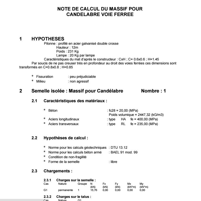 Note de calcul de massif de candélabre - feuille excel