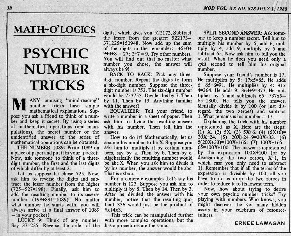ALAM MO BA 'TO? (Do You Know This?): Math-O'Logics: Psychic Number Tricks