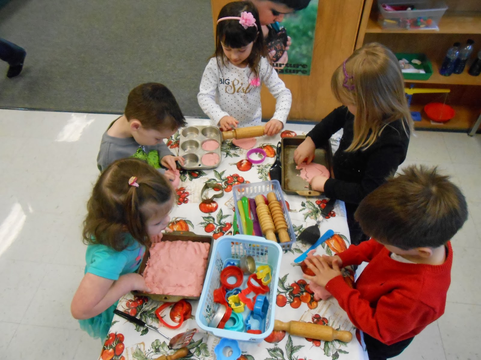 Hesston College Preschool: pink playdough and 3D heart collages