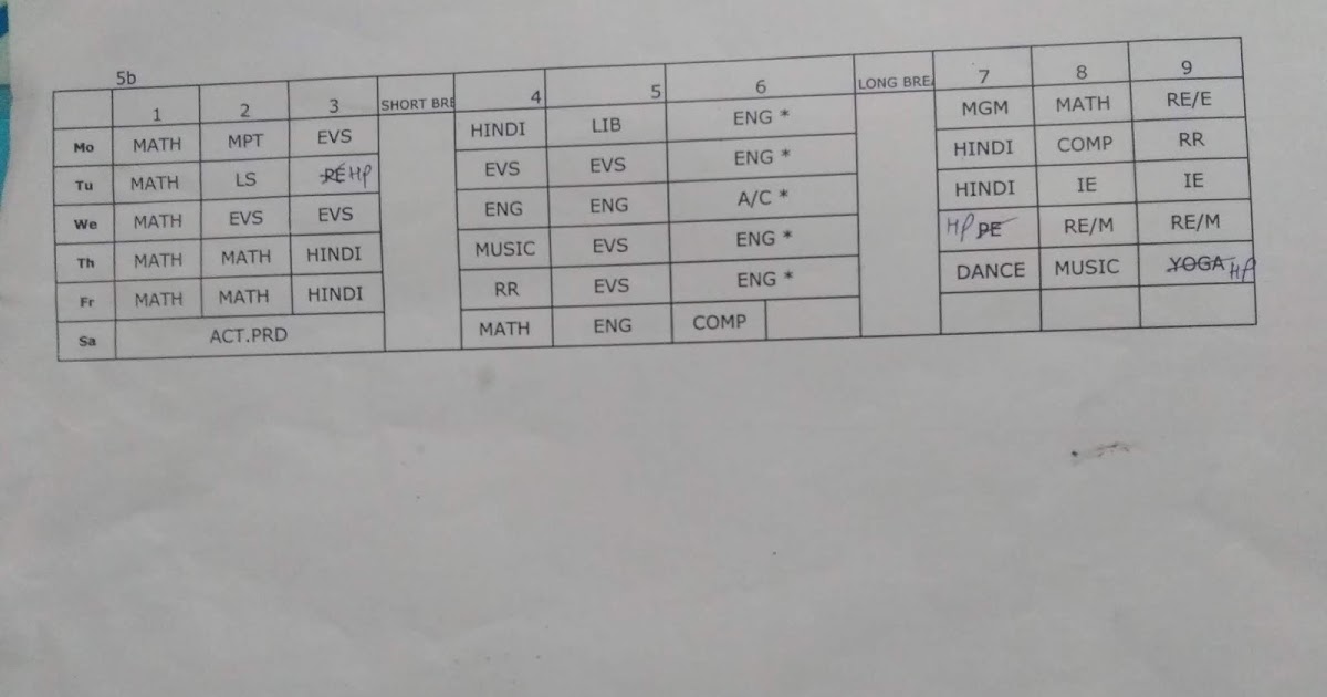 Class Time Table For Class 5B Class Time Table For Class 5B