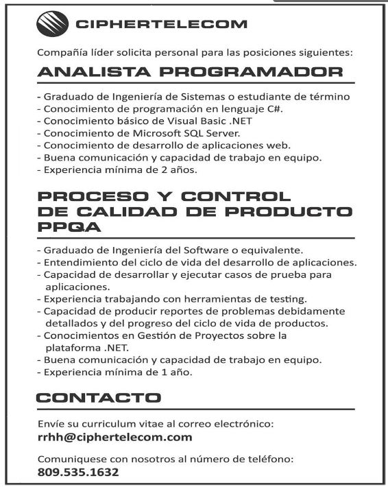 Empleo Se solicita Analista Programador (Informática) | Ayuda Empleos RD :: Empleos en República ...