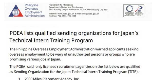 List of POEA Qualified Recruitment Agencies for JAPAN TITP | Specof.com