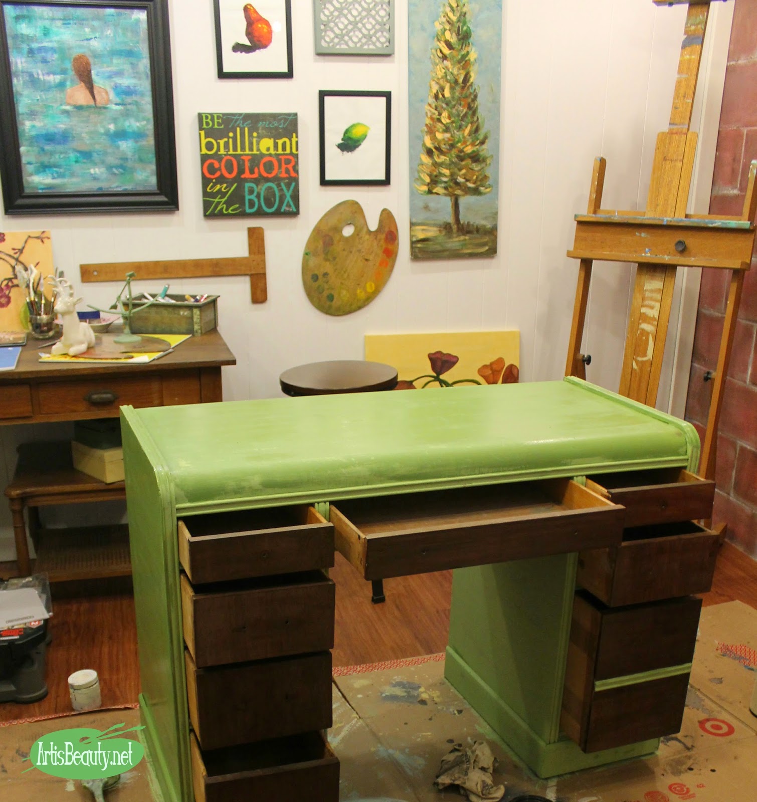 ART IS BEAUTY: THINK SPRING! Green Vintage Waterfall Desk Painted Makeover