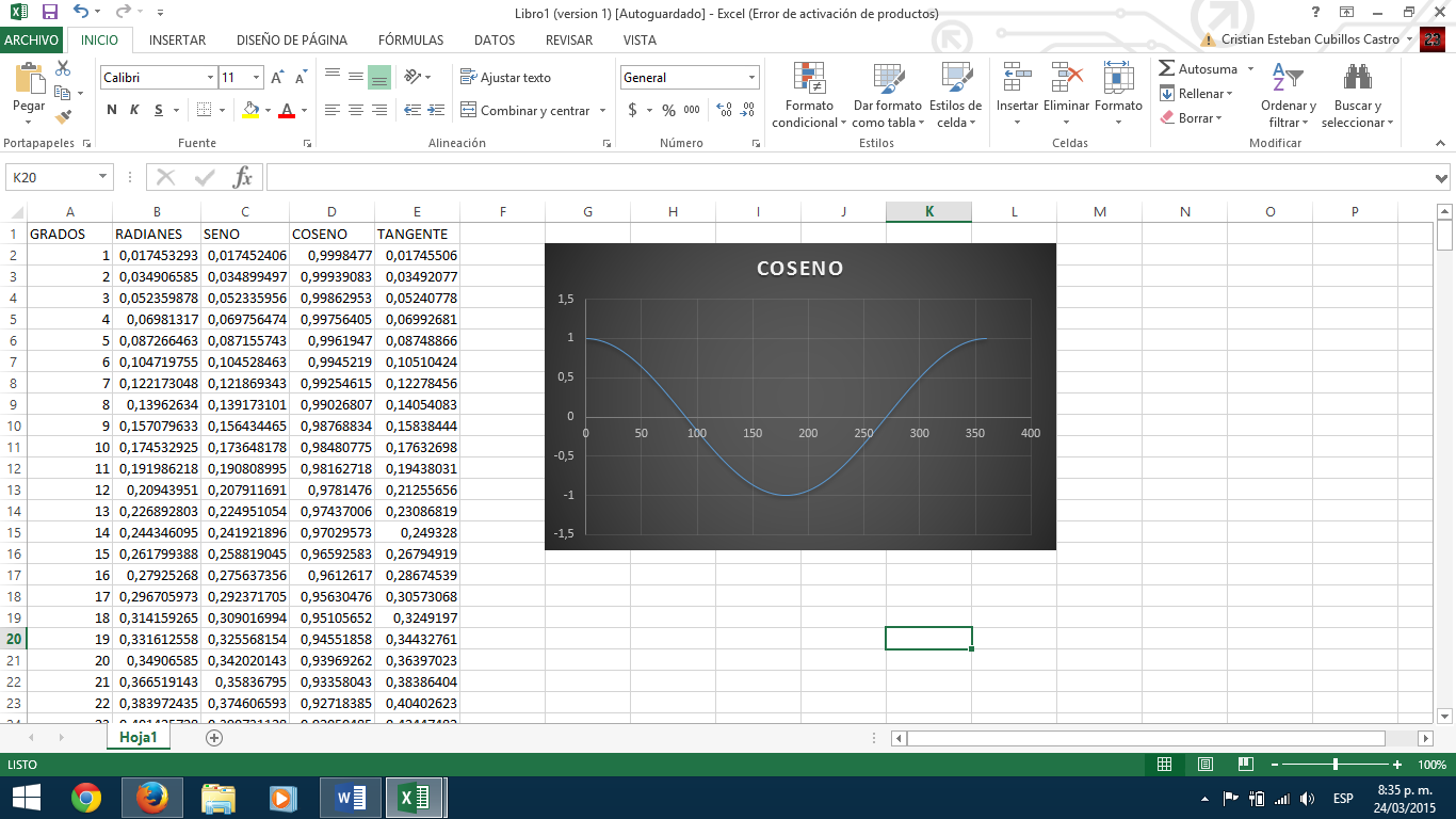 Formulas del Seno, Coseno y Tangente en Microsoft Excel