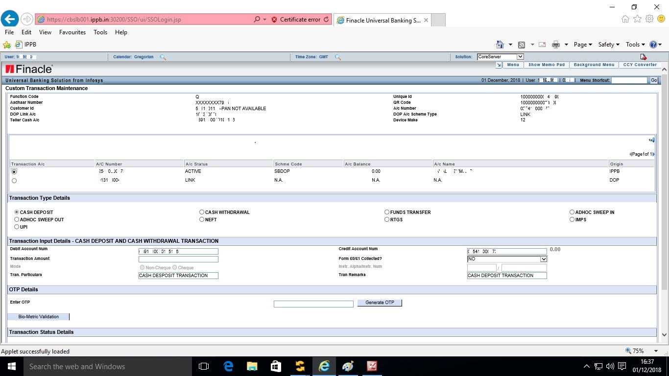 Transaction Using Ctm In Ippb Finacle Dop Core Solutions