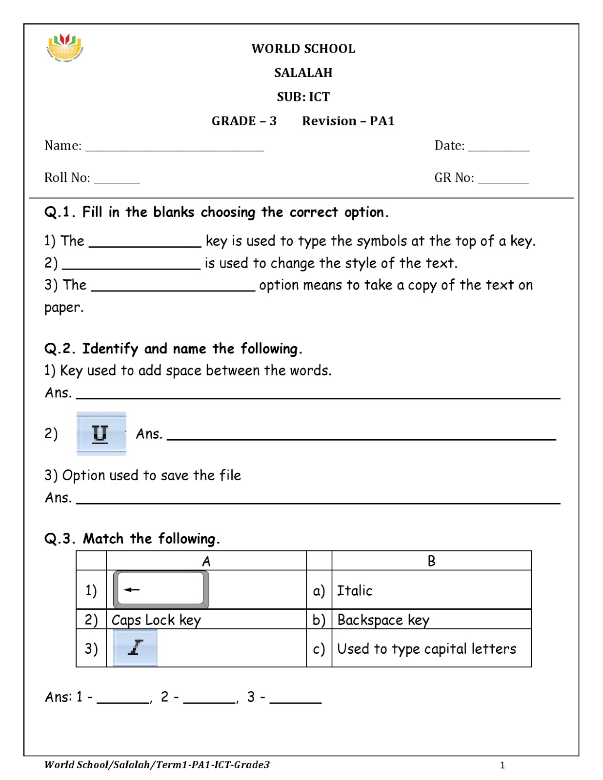 Birla World School Oman: Revision Worksheets for Grade 3 as on 26/10/2017