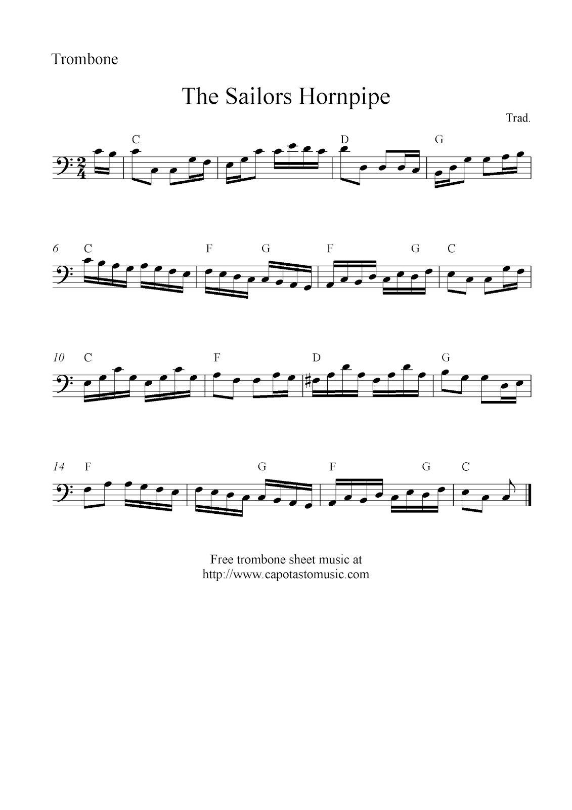 The Sailors Hornpipe, free trombone sheet music notes