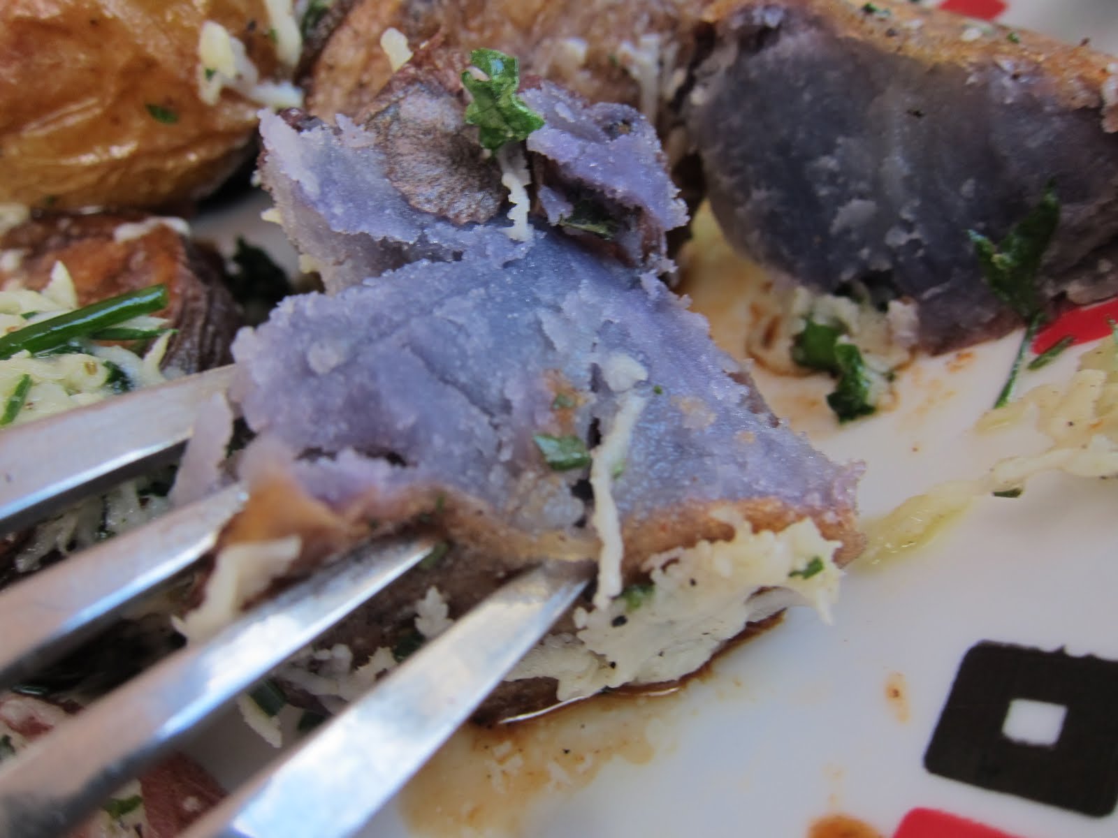 Andrea The Kitchen Witch: Roasted tri color potatoes with herbs and cheese