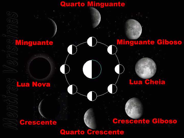 Fases da Lua. Cheia, Minguante, Nova e Crescente. - Mentiras veríssimas