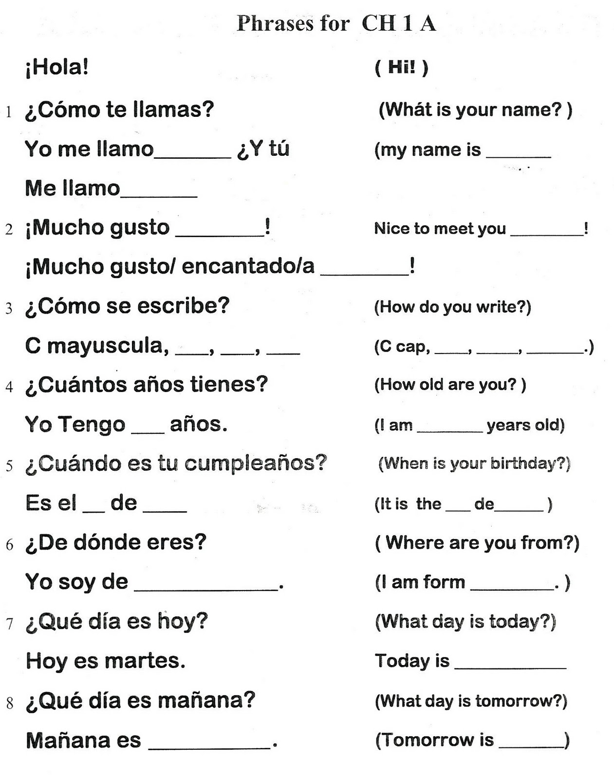 Mrs. Scott's Spanish 1A Period 4: Chapter 1 Phrases
