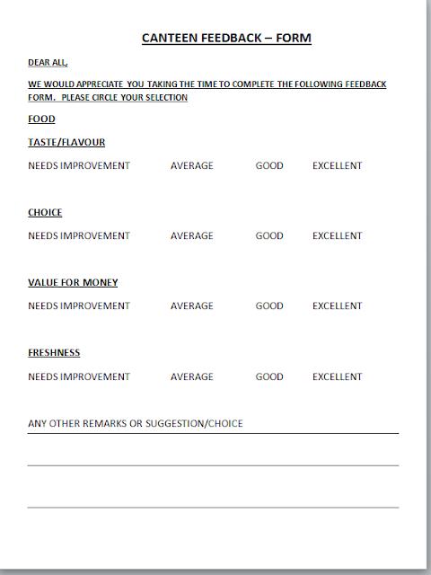 Canteen Feedback Form Format with Questionnaire