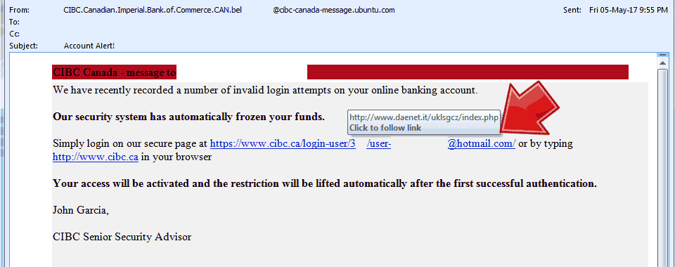 Metadata Consulting [dot] ca: Phishing Email - CIBC Account Alert!