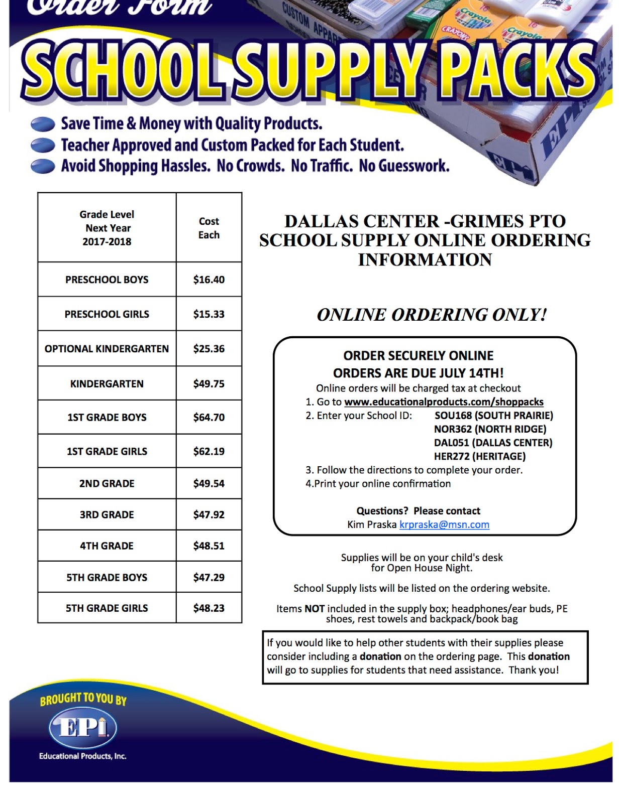 Mcmurray Middle School: School Supply Packs