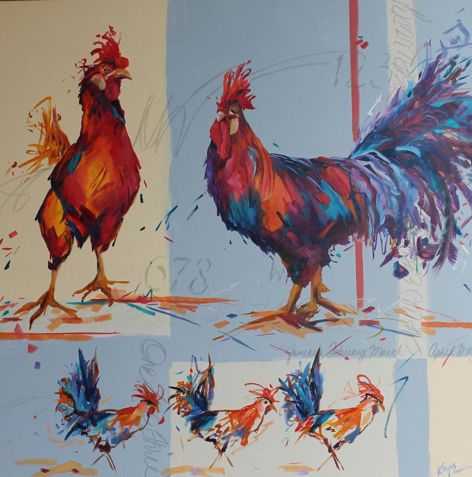Daily Painters Abstract Gallery: Country Chickens by Kay Wyne
