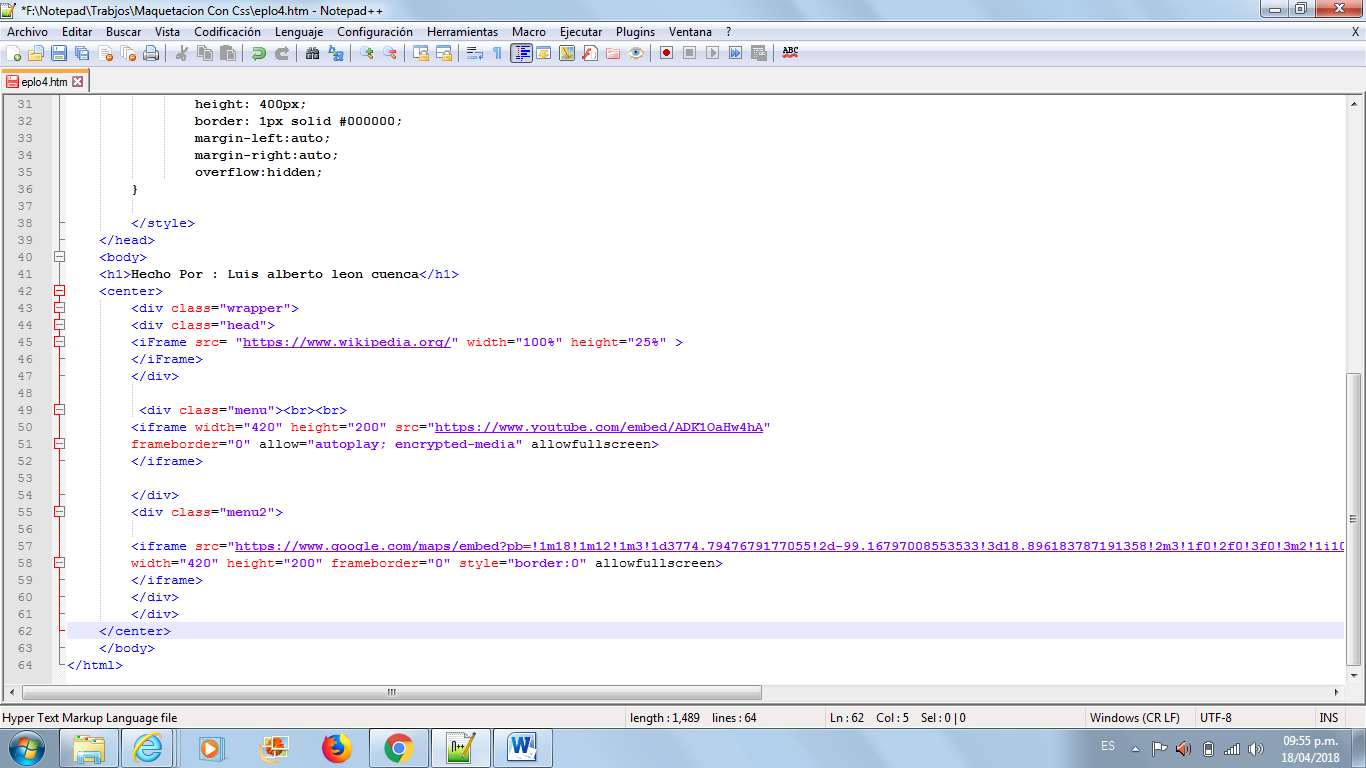 Ejemplo de frames con css(wikipedia,youtube y google maps