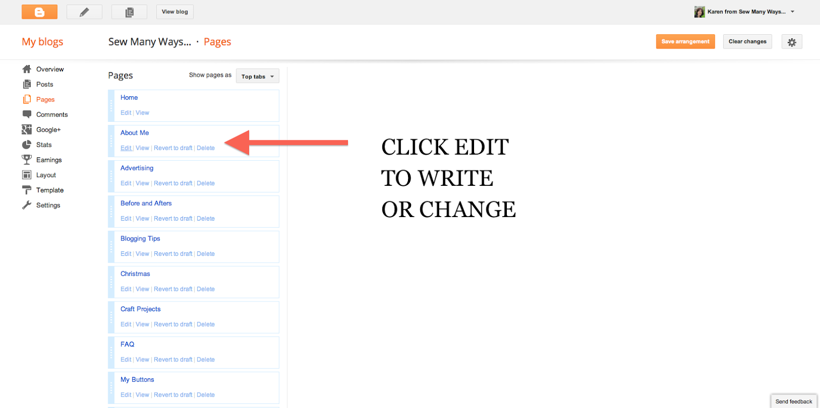 Sew Many Ways...: Blogging Tip...How to Add Pages or Tabs to the Top of ...