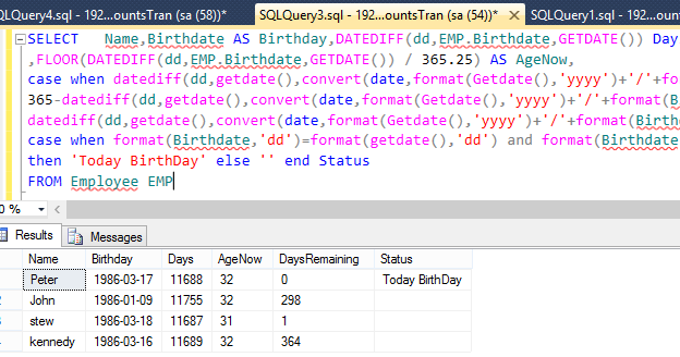 sql server birthday query