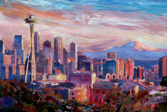 Seattle Skyline with Space Needle and Mt Rainier | artshop77 - Art ...