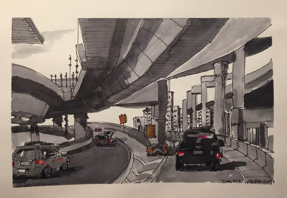 Jody Regan Paints: Day 514 "Overpass" ink & pencils
