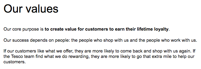 Essential Guide to Marketing Planning: Tesco's core purpose, over time