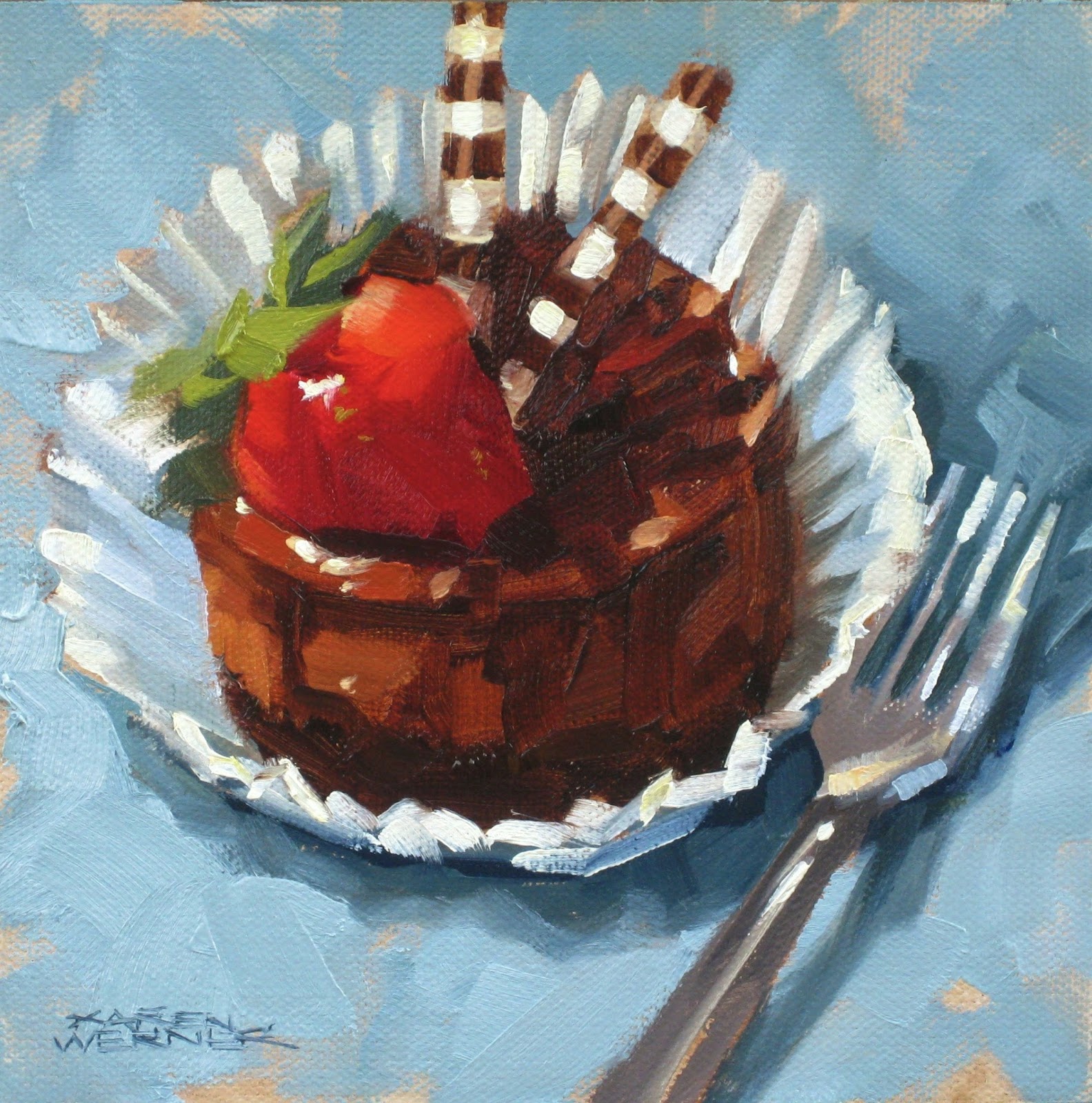 Karen Werner Fine Art: Chocolate Cheesecake -a still life painting in oil