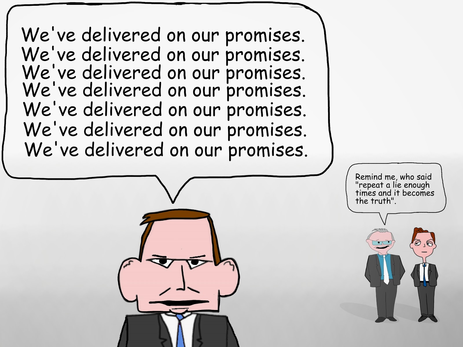 laberal: The Abbott assessment of the first 100 days. Cartoon.