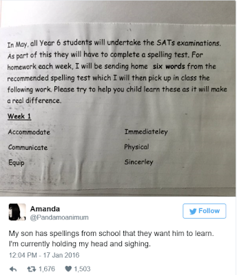 Mum tweets her child's homework from school with spelling errors