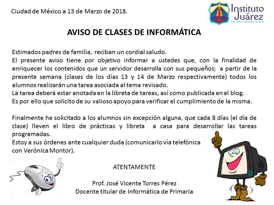 Instituto Juárez 6° Primaria: Aviso de tareas de informática