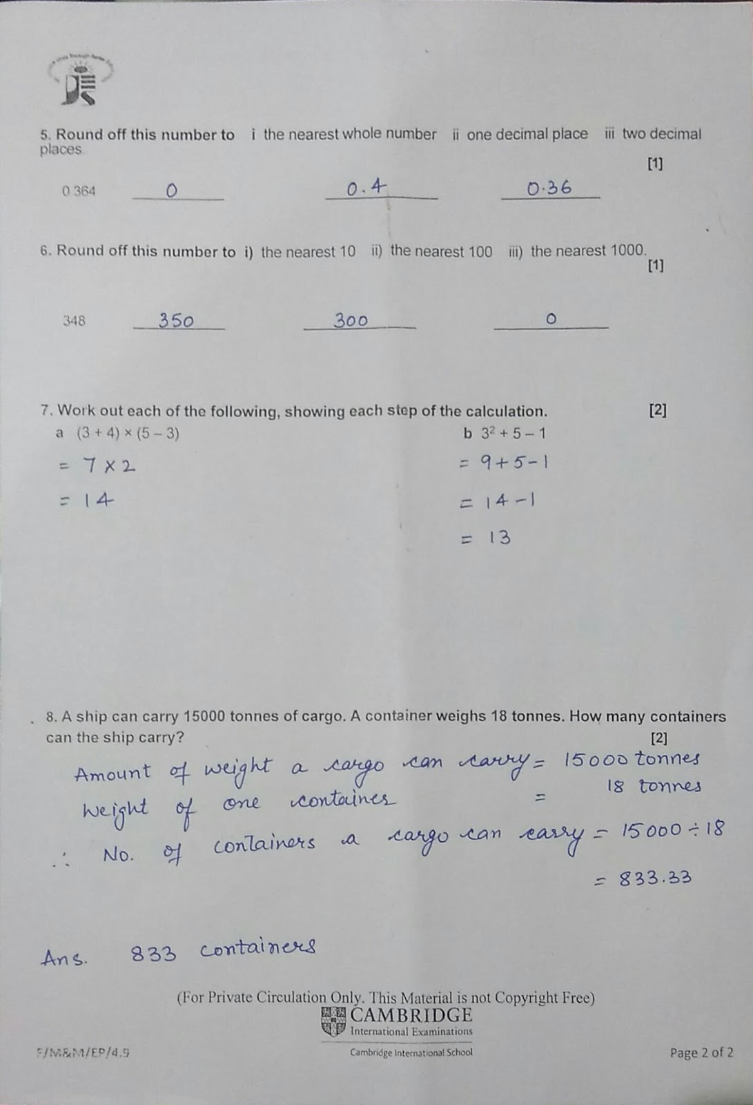 Maths IGCSE: Worksheets & Tests class 7 IGCSE