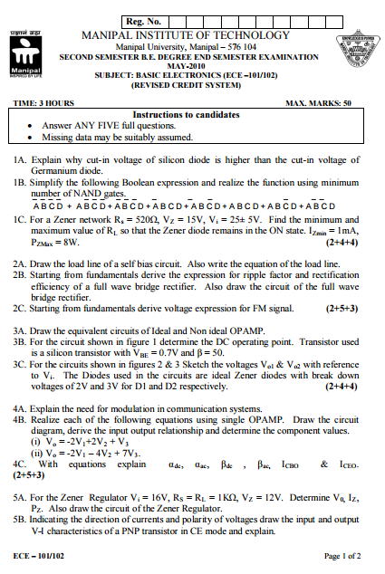 Basic Electronics Manipal University May 2010 Question Paper ...