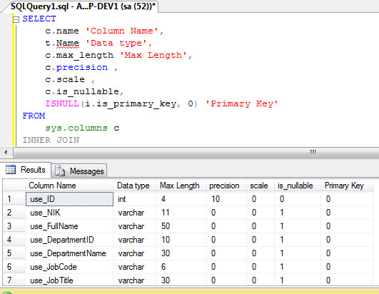 Menampilkan List colum, Tipe data dan Primary Key pada tabel di SQL ...
