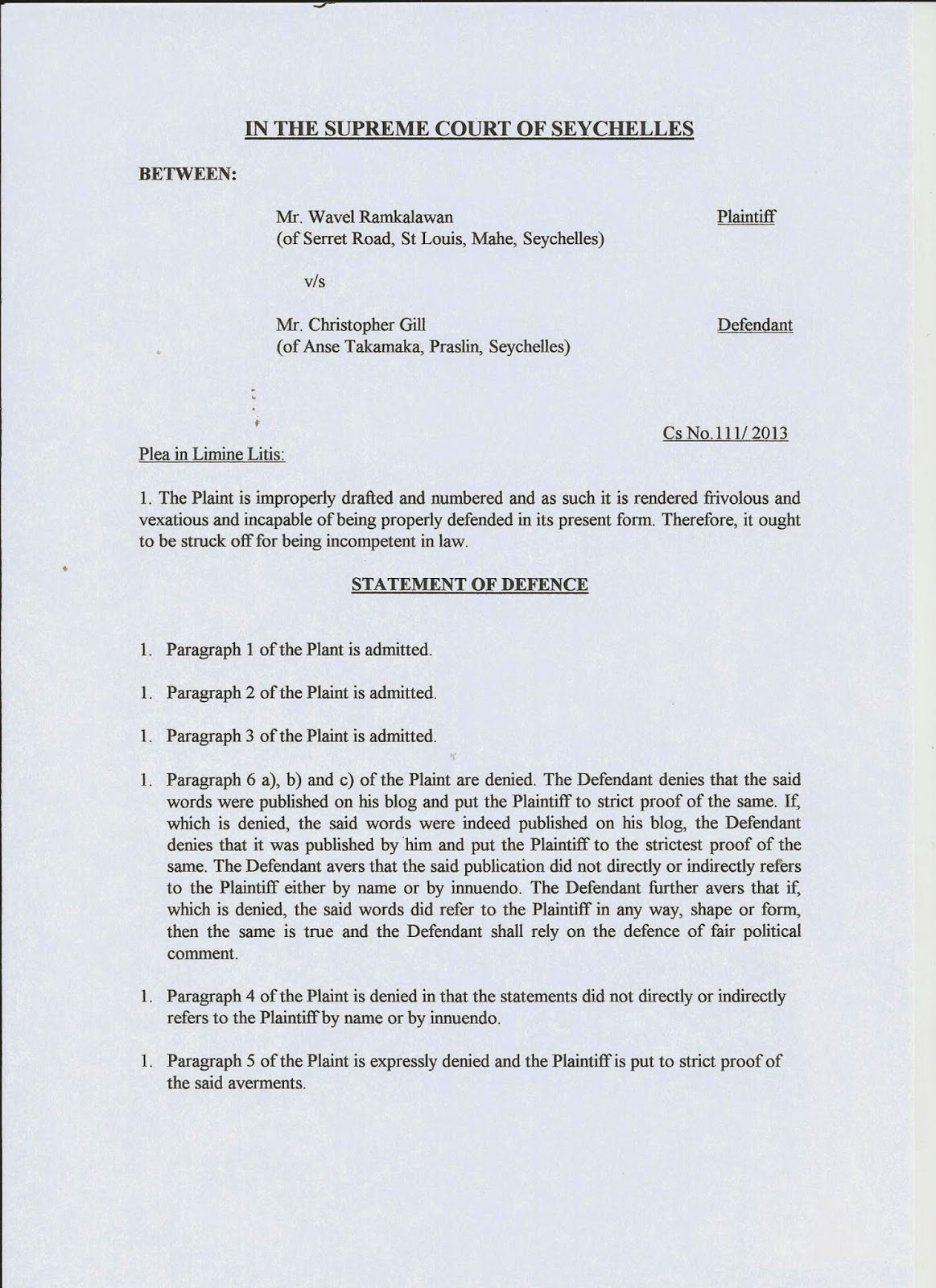 Christopher Gill - Statement of Defence‏