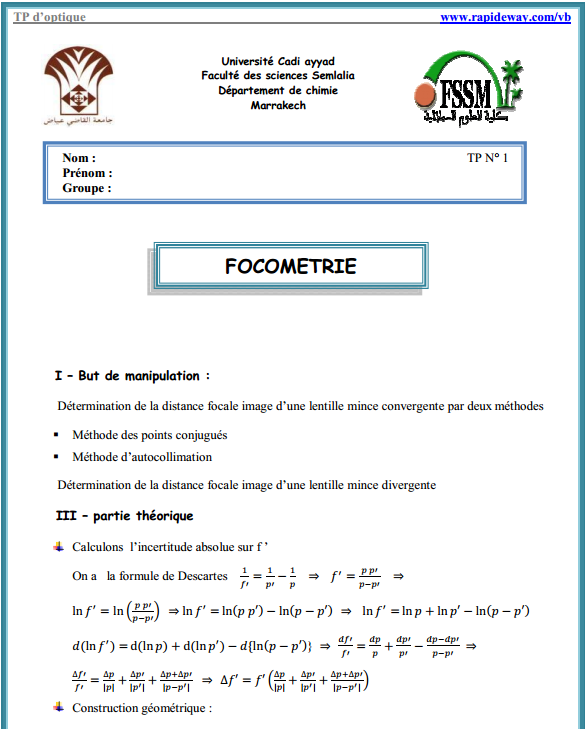 les travaux pratiques d'Optique géométrique fssm - ExoSup