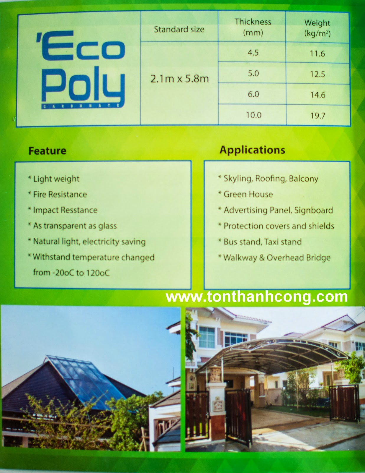 Tôn Thành Công: Tấm Lấy Sáng Polycarbonate Rỗng Ruột ECOPOLY