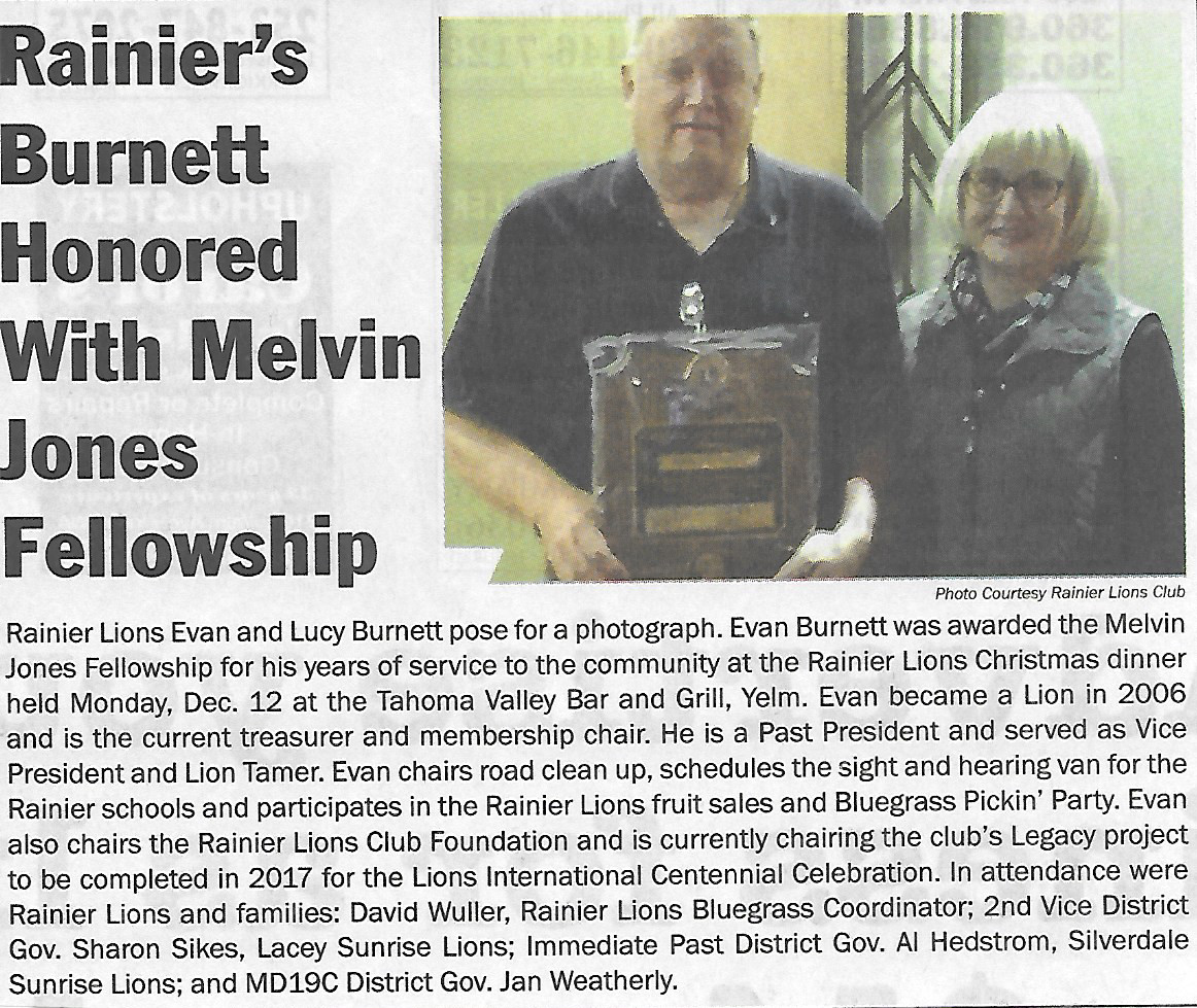Rainier Lions Club: Evan Burnett receives Melvin Jones Award 2017
