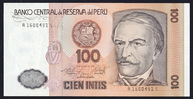 Peru 100 Intis banknote 1986 Ramon Castilla|World Banknotes & Coins ...