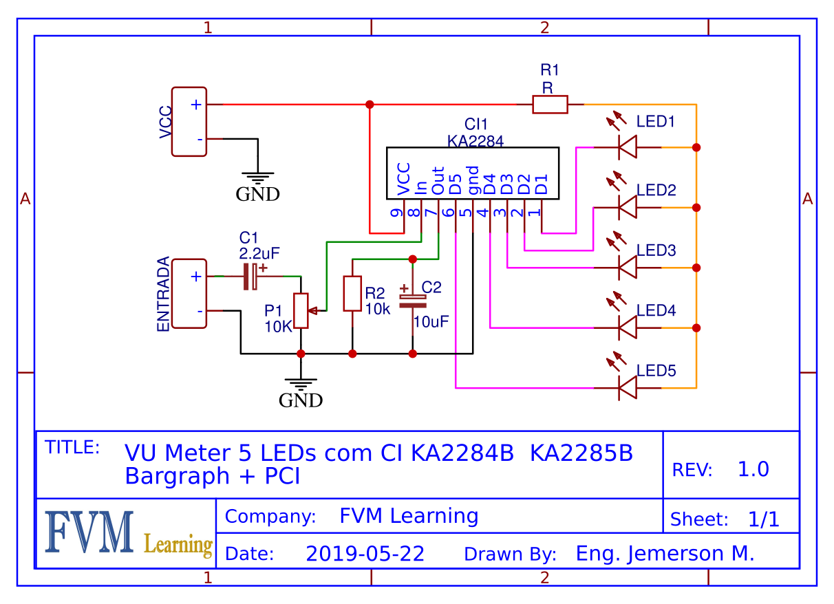VU Meter 5 LEDs com CI KA2284B / KA2285B - Bargraph + PCI - FVML