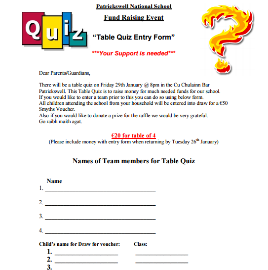 Patrickswell N.S. Online: Patrickswell N.S. Table Quiz