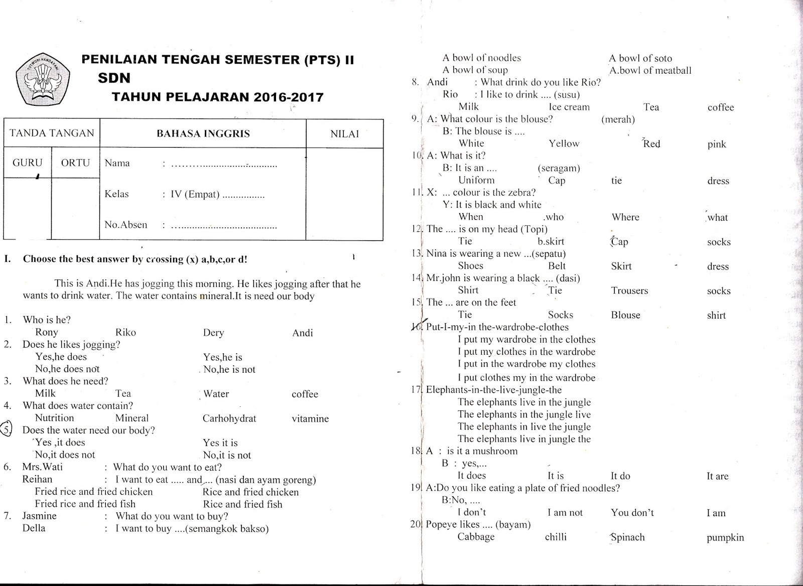 PTS (Penilaian Tengah Semester) II Bahasa Inggris SD Kelas 4 TA.2016/2017 Semester Genap ...